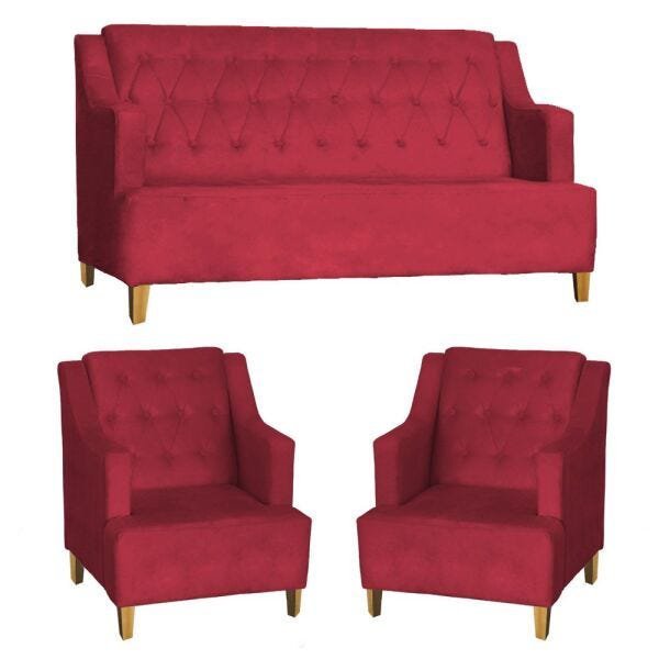 Kit Namoradeira + 2 Poltronas Classic Suede Vermelho Decorar Estofados | MadeiraMadeira