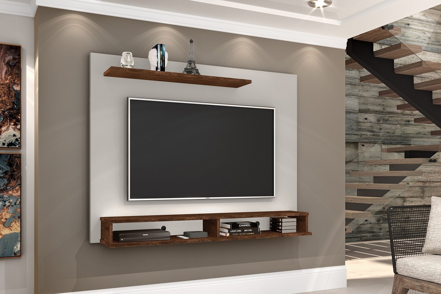 Painel P/ Tv Simples Offwhite/canela com Prateleira e Nicho ...