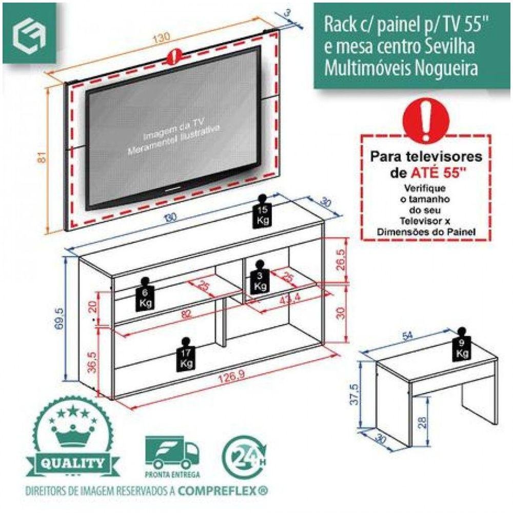 Rack Com Painel Para Tv 55 Polegadas E Mesa Sevilha Multi Móveis Nogueira/branco | MadeiraMadeira