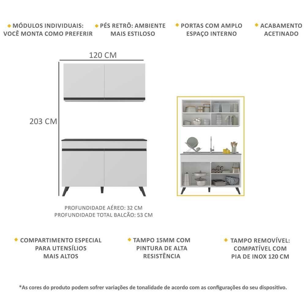 Armário de Cozinha Compacta 120cm Veneza Multimóveis V2141 Branco/Preto ...