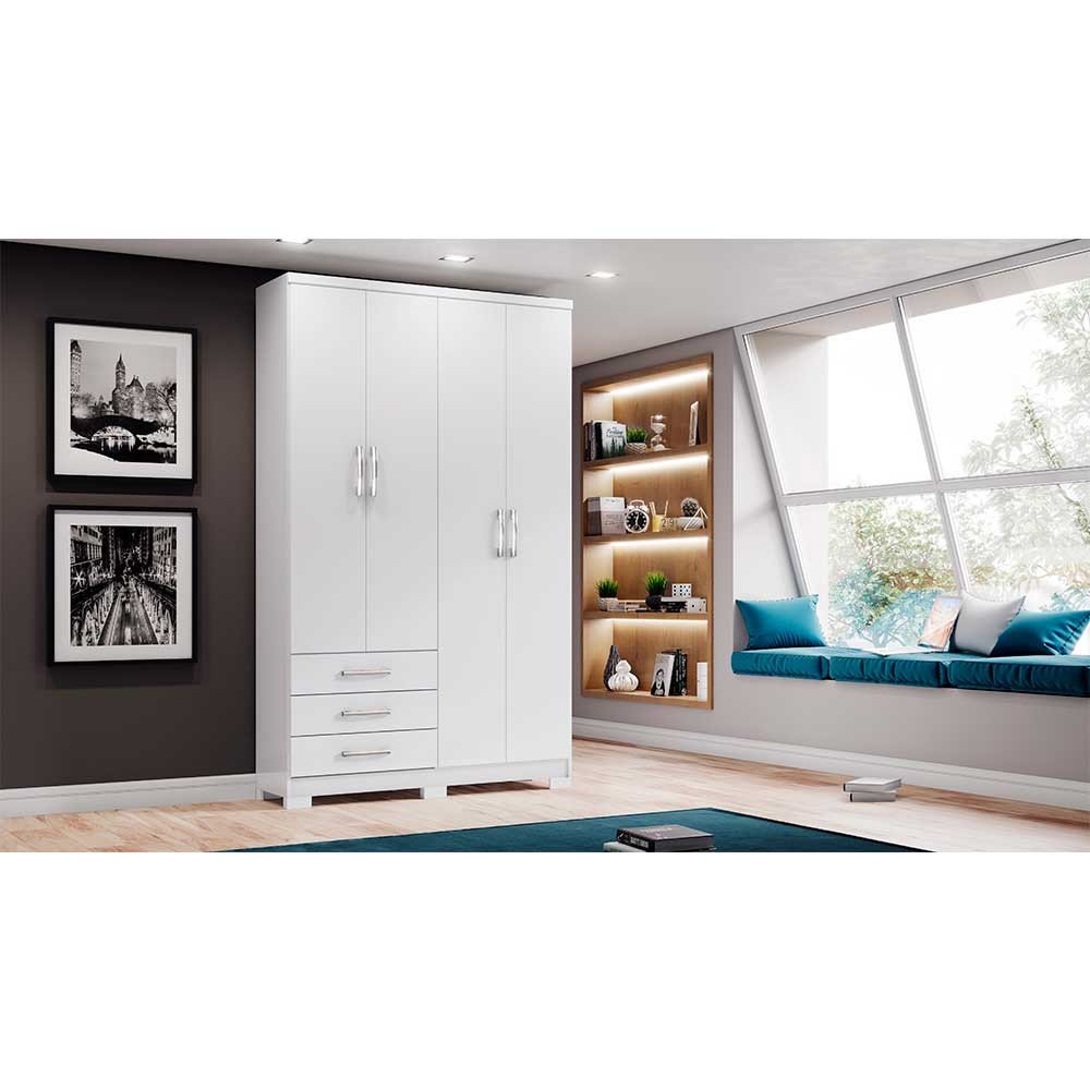 Roupeiro Solteiro Caju 4 Portas 3 Gavetas MDP Henn Branco | MadeiraMadeira