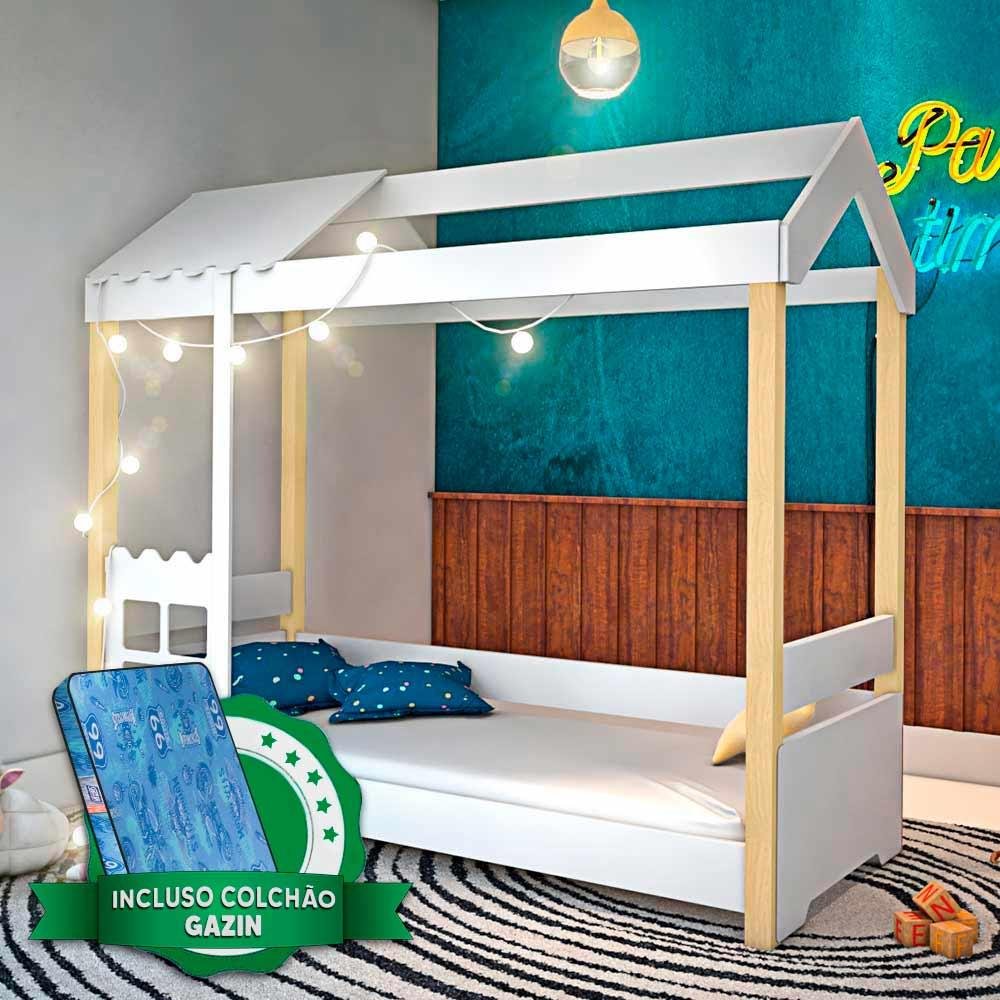 Cama Infantil Casa Montessoriana Com LED Branco Livia Com Colchão Gazin ...