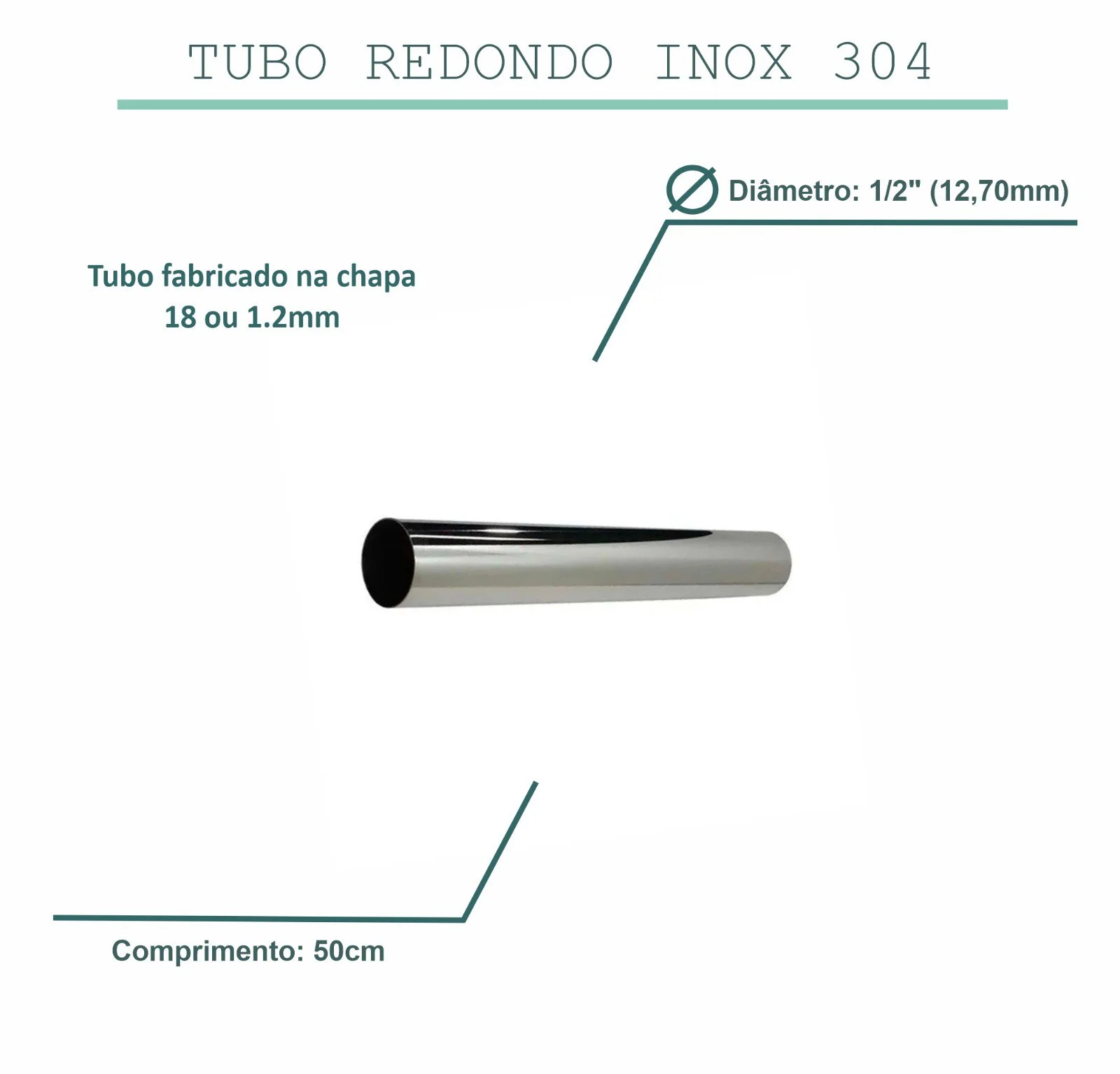 Cano de aço inox polido 304 redondo 12,7mm premium (tam:50cm) TUBO INOX ...