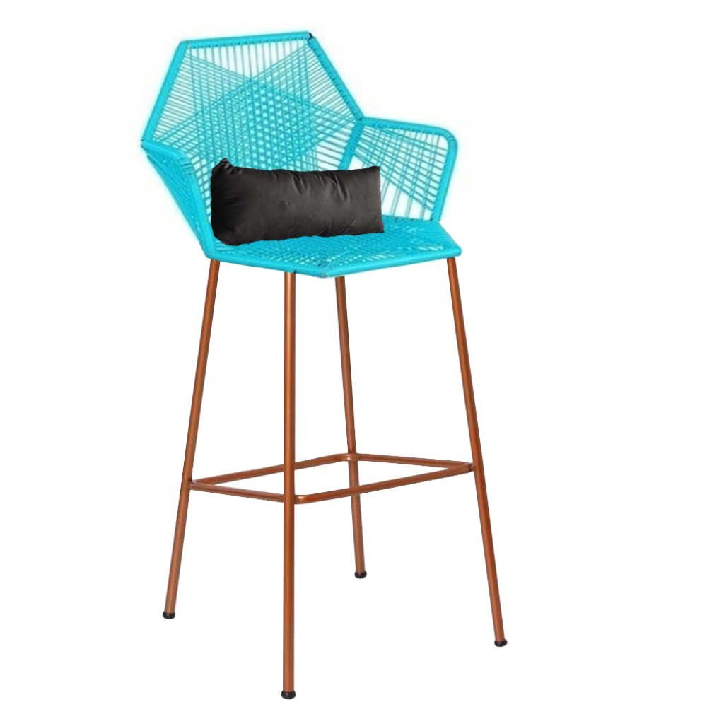 Banqueta Alta Com Encosto Sttar Balcão Ferro Bronze Fibra Azul Turquesa ...