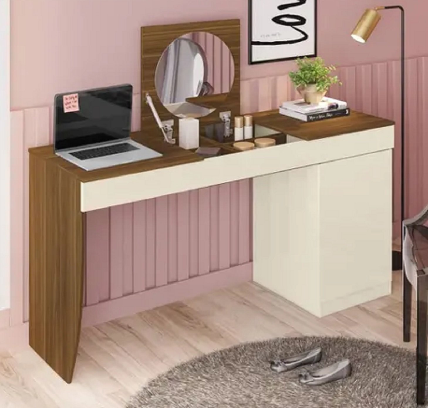 Penteadeira Escrivaninha Crystal Freijó/Off White Com Puff Pétala Flor ...