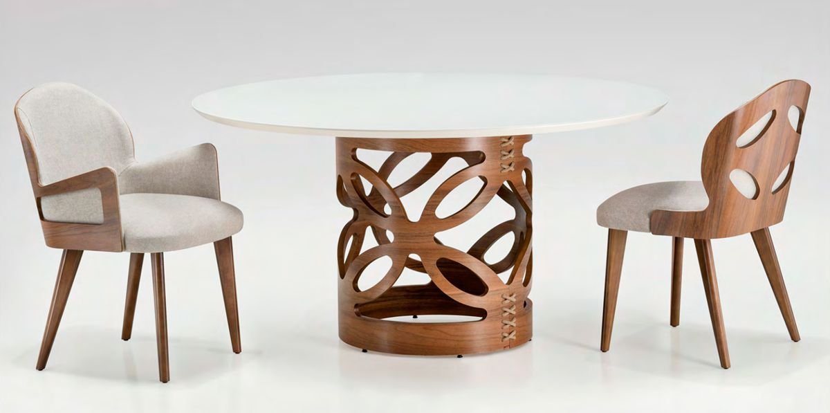 Mesa de Jantar Redonda Neli Base Nogueira Tampo Coverglass Branco ...