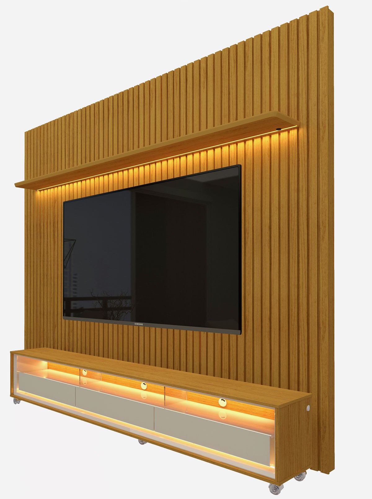 Rack com Painel 2.3 Ripado com LED e Rodízio Nobre Naturale com Off ...
