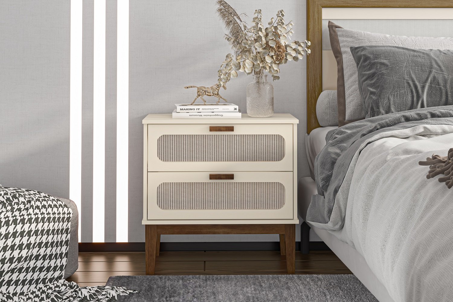 Mesa de Cabiceira Retro Pés de Madeira Maciça cor off white ...