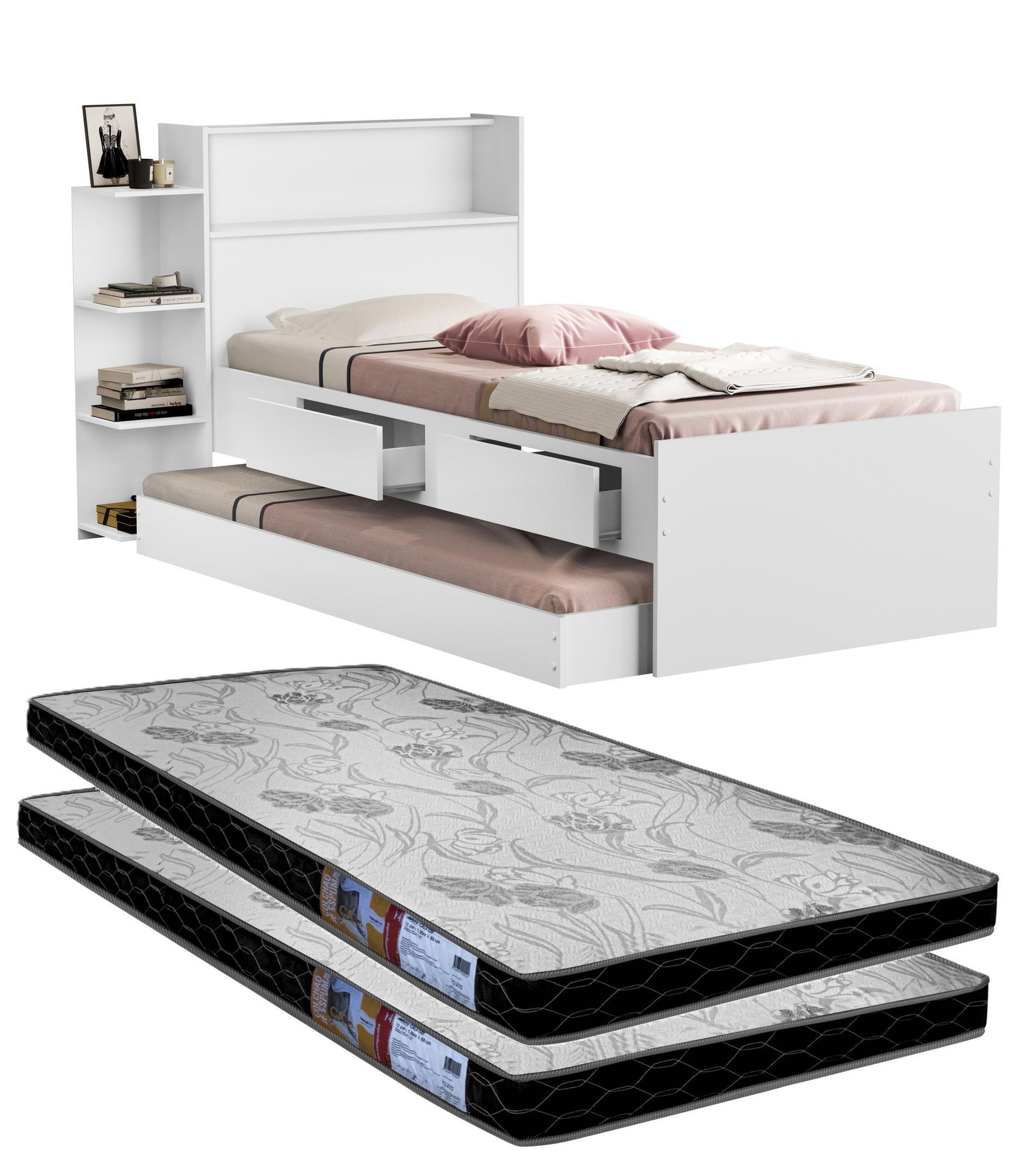 Cama Solteiro Isa Branco com Cama Auxiliar + 02 Colchões | MadeiraMadeira