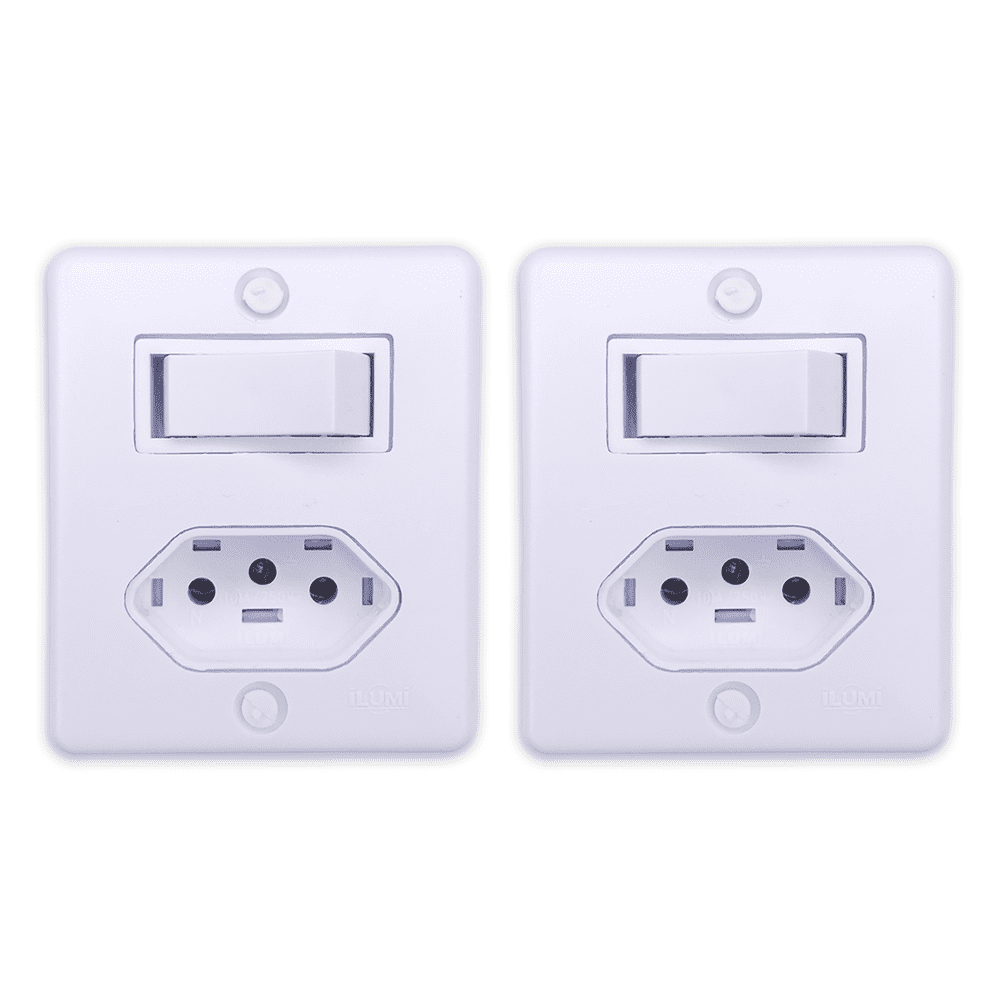 Kit 2 Interruptor 1 Tecla Paralelo 6a com Tomada 10a 2 Pino + Terra ...