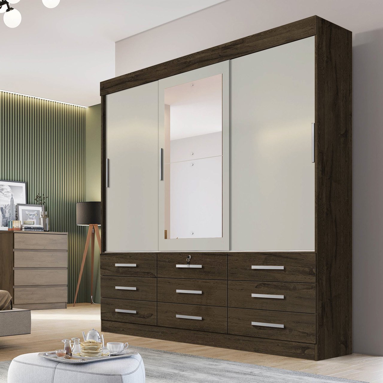 Guarda Roupa Casal com Espelho, 03 Portas e 09 Gavetas Sonare Gold Novo ...