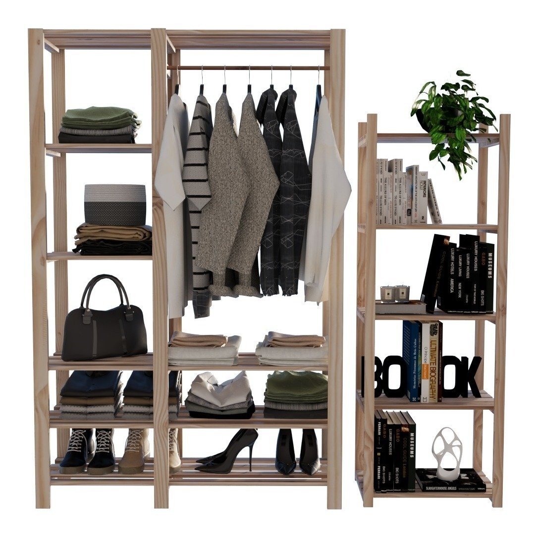 Estante Horizontal 3 Planos em Pinus + Arara Cabideiro Technox | MadeiraMadeira