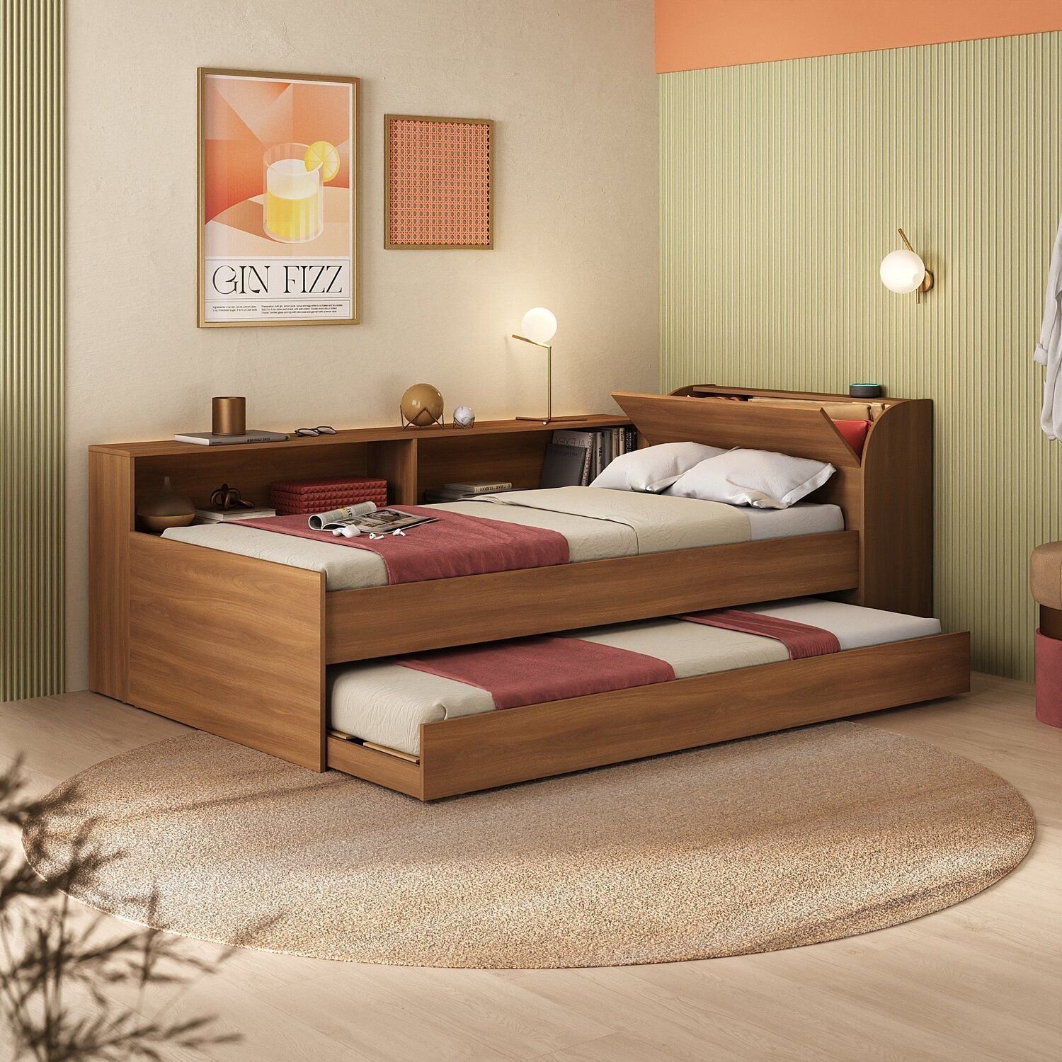 Cama Solteiro com Nicho e Cama Auxiliar Aria | MadeiraMadeira