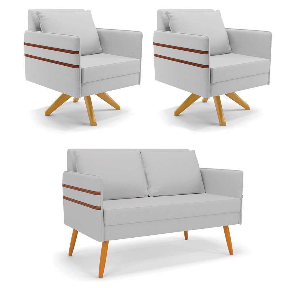 Kit 01 Namoradeira 02 Lugares e 02 Poltronas Mari Linho Cinza A05 Base de Madeira MA30 - D'Rossi ...