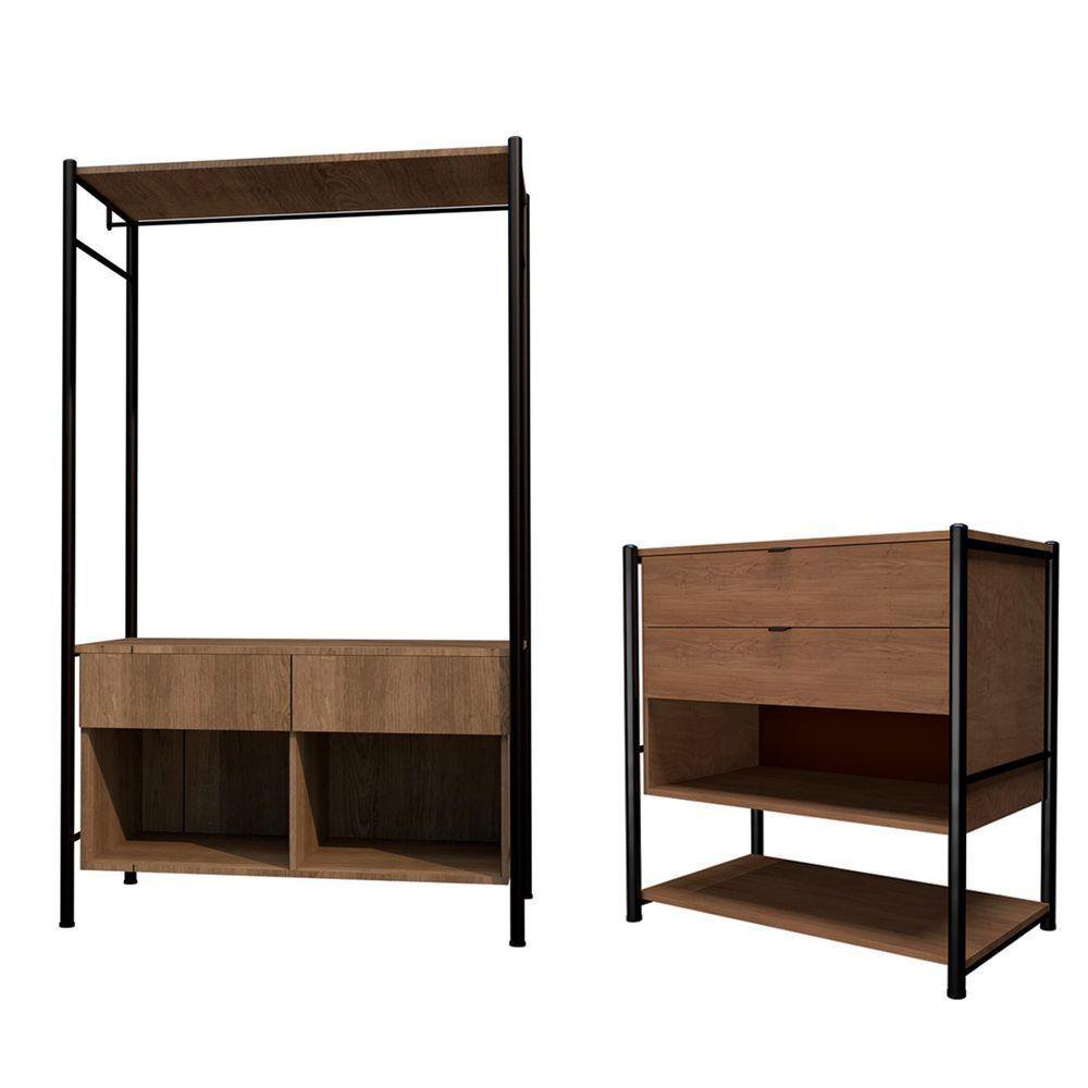 Kit Closet Guarda Roupa 2 Gavetas + Comoda Preto Marrom | MadeiraMadeira