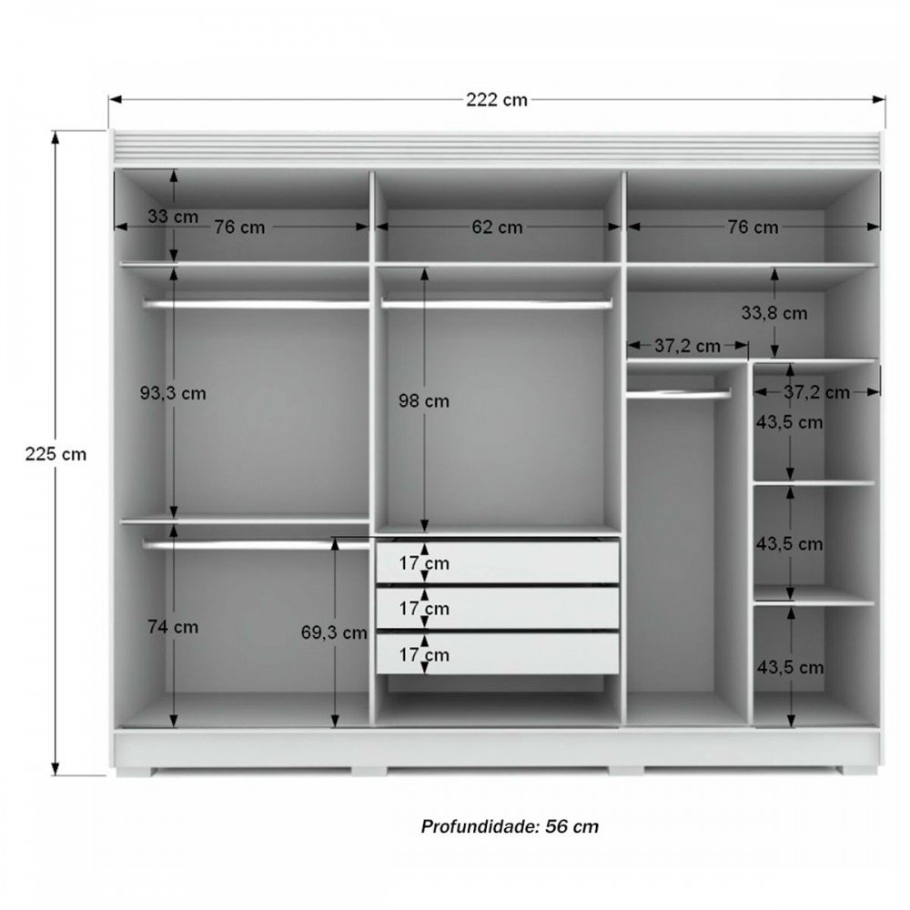 Guarda-Roupa Casal Serena 3 Portas 3 Gavetas 2,22 Metros com Espelho ...