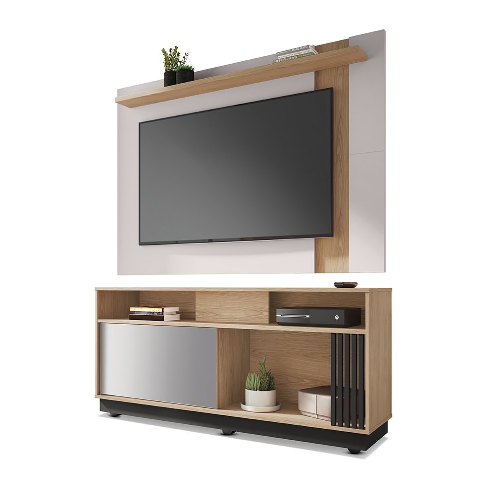Conjunto Bancada Eva com Painel Extensível Lima Freijó/ Off White/ Preto Fosco para TV 70 ...