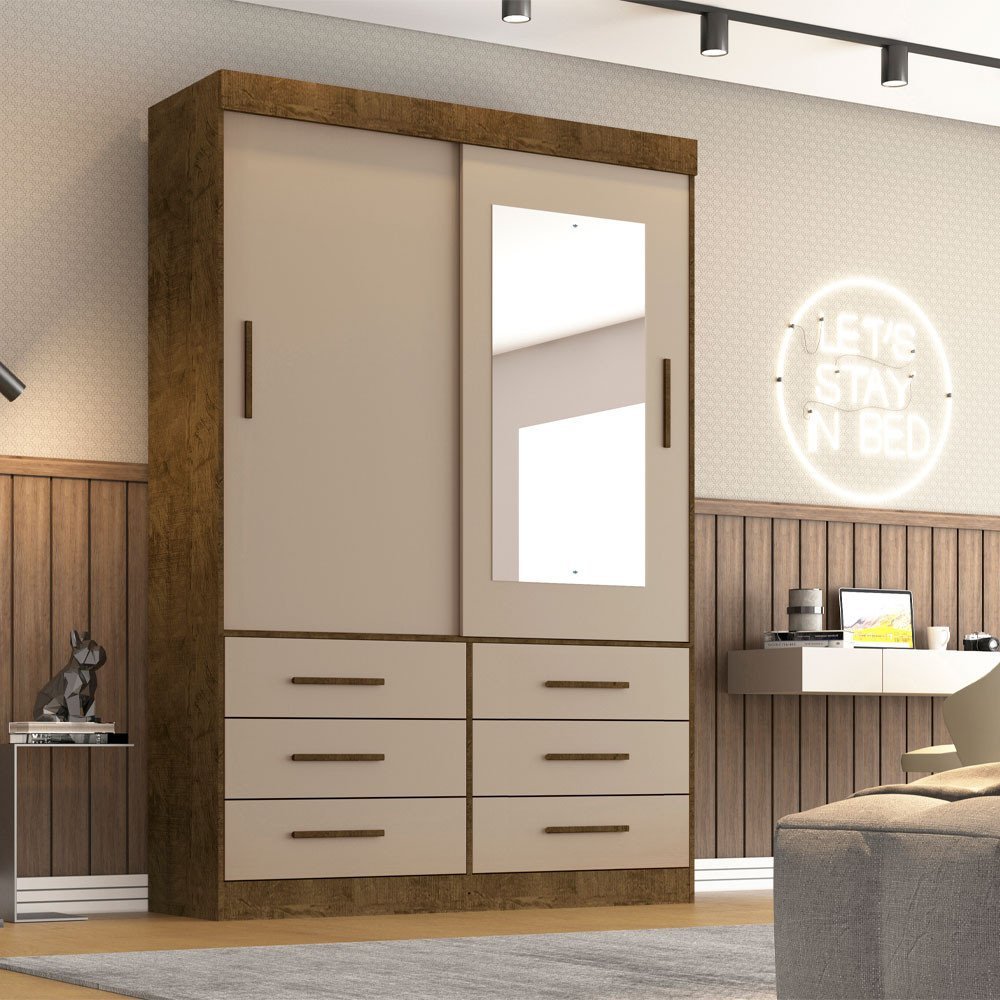 Guarda Roupa Solteiro 2 Portas 6 Gavetas com Espelho Star Sallêto | MadeiraMadeira