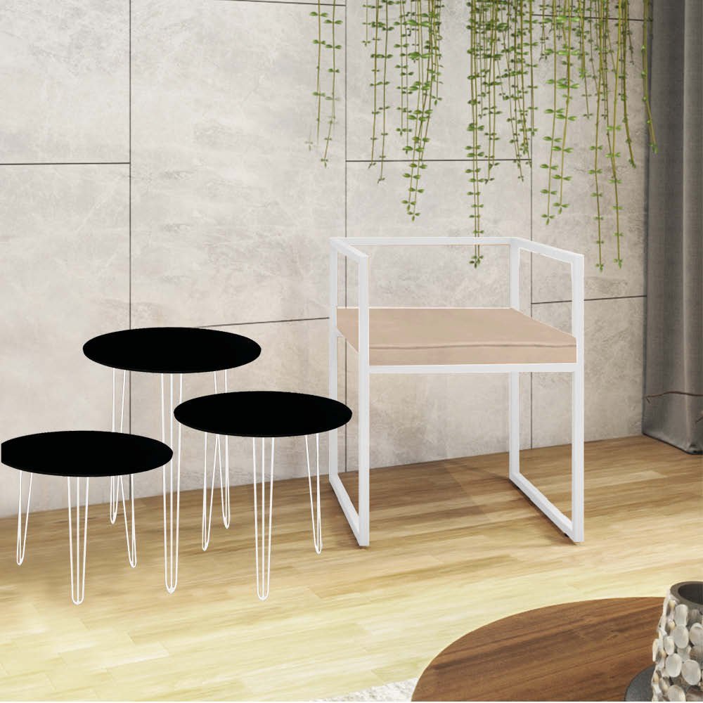 Kit Poltrona Cubo com 3 Mesas Roma Ferro Branco Tampo Redondo Preto ...