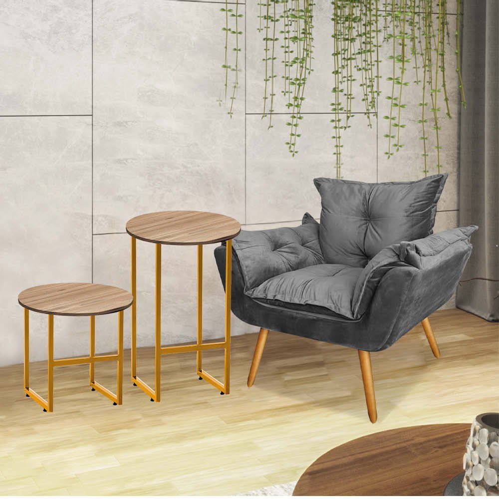 Kit Poltrona Opala com 2 Mesas Will Ferro Dourado Tampo Redondo ...