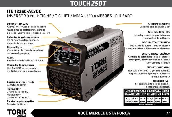 Inversora Solda SuperTork Touch 250T ITE 12250 220v Pulsado Trisolda AC ...
