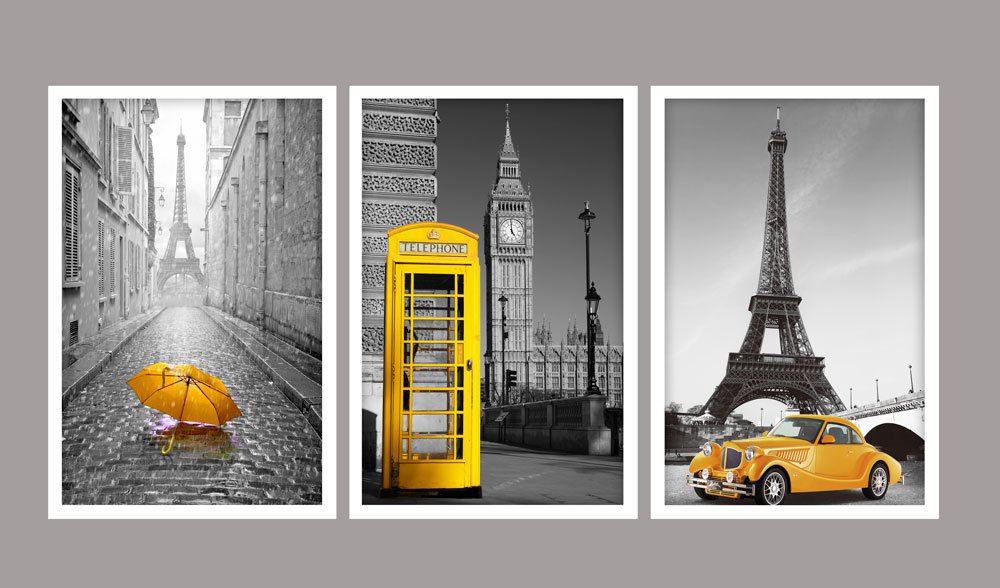 Quadros Decorativos Sala Paisagens Com Detalhes Amarelo Paris Londres ...