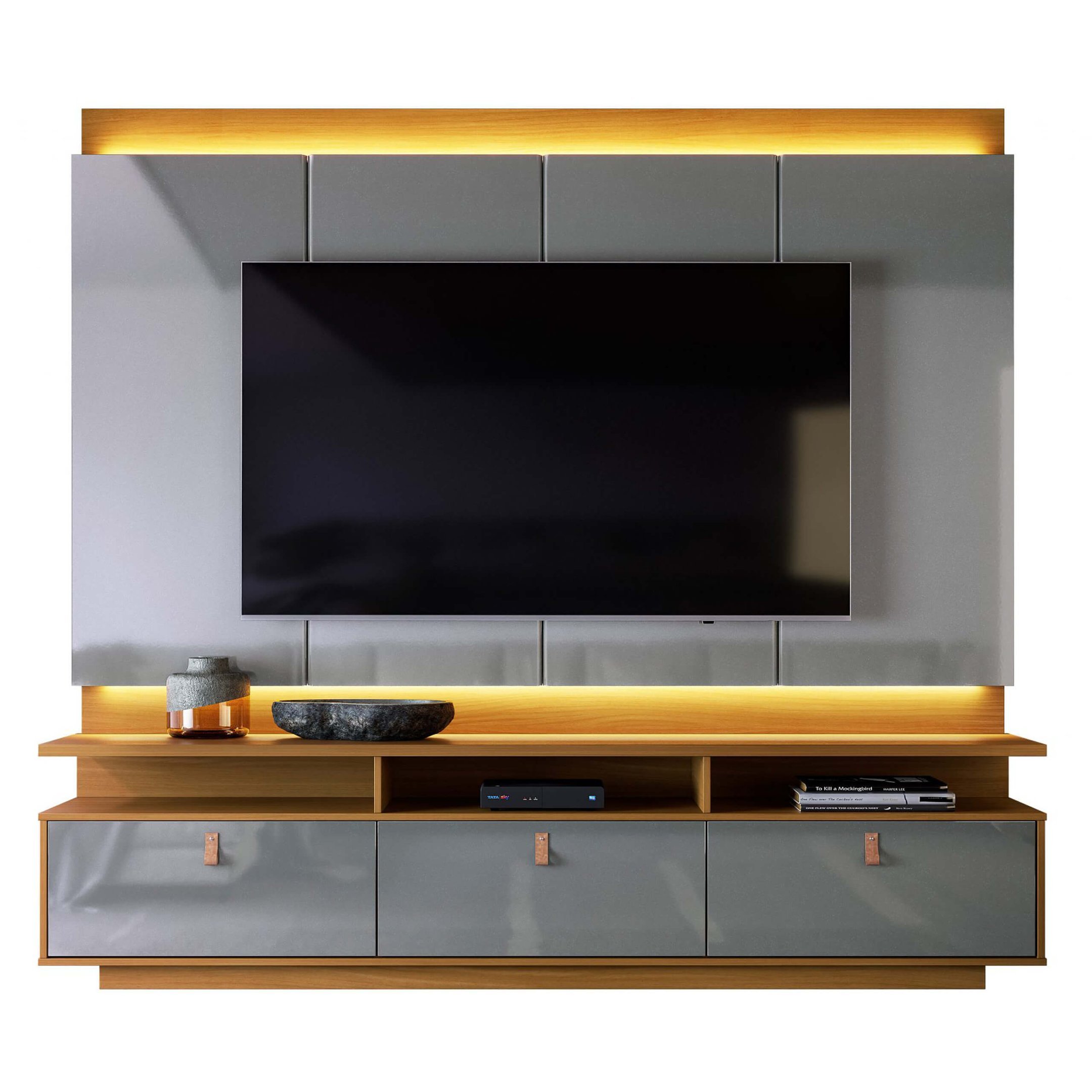 Rack Bancada com Painel Marrocos 3 Portas para TV até 75 Polegadas Lukaliam Cor Cinza Perolizado ...