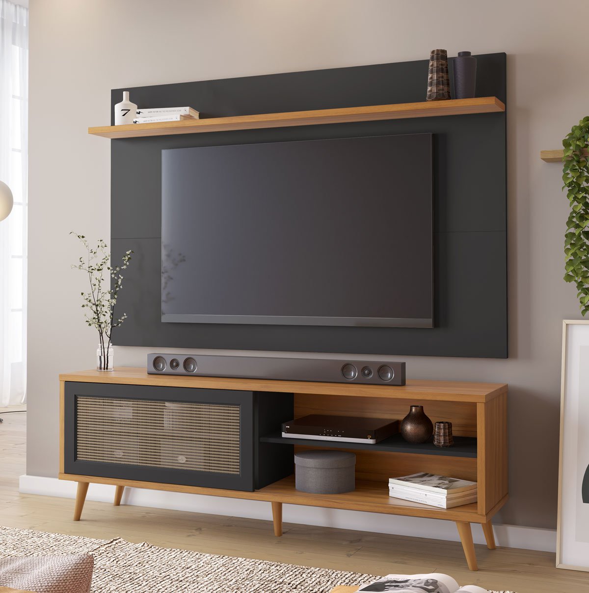 Rack NT 1175 com Painel NT 1190 Preto com Freijó - Notável | MadeiraMadeira