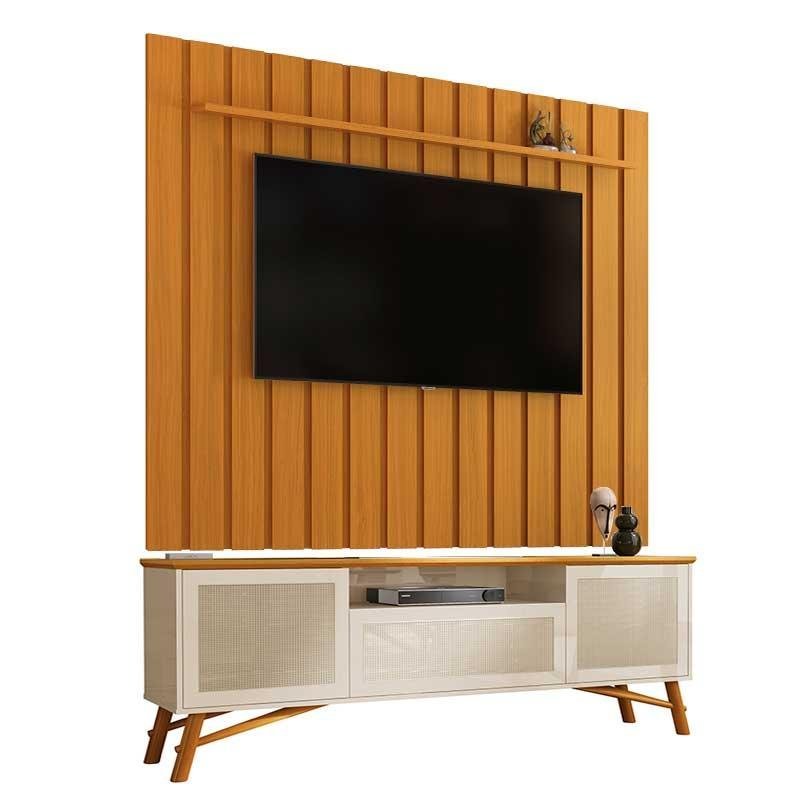 Rack Com Painel Ripado Para TV 75 Polegadas 180cm Darin Brise 1.8 EDN Off White/Cedro ...
