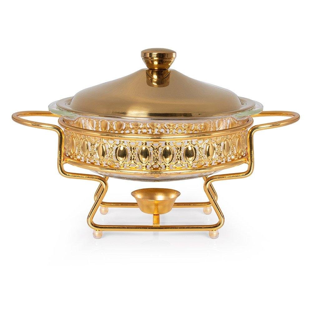 Rechaud em Vidro Clássico Redondo Dourado Tampa Inox Gourmet ...