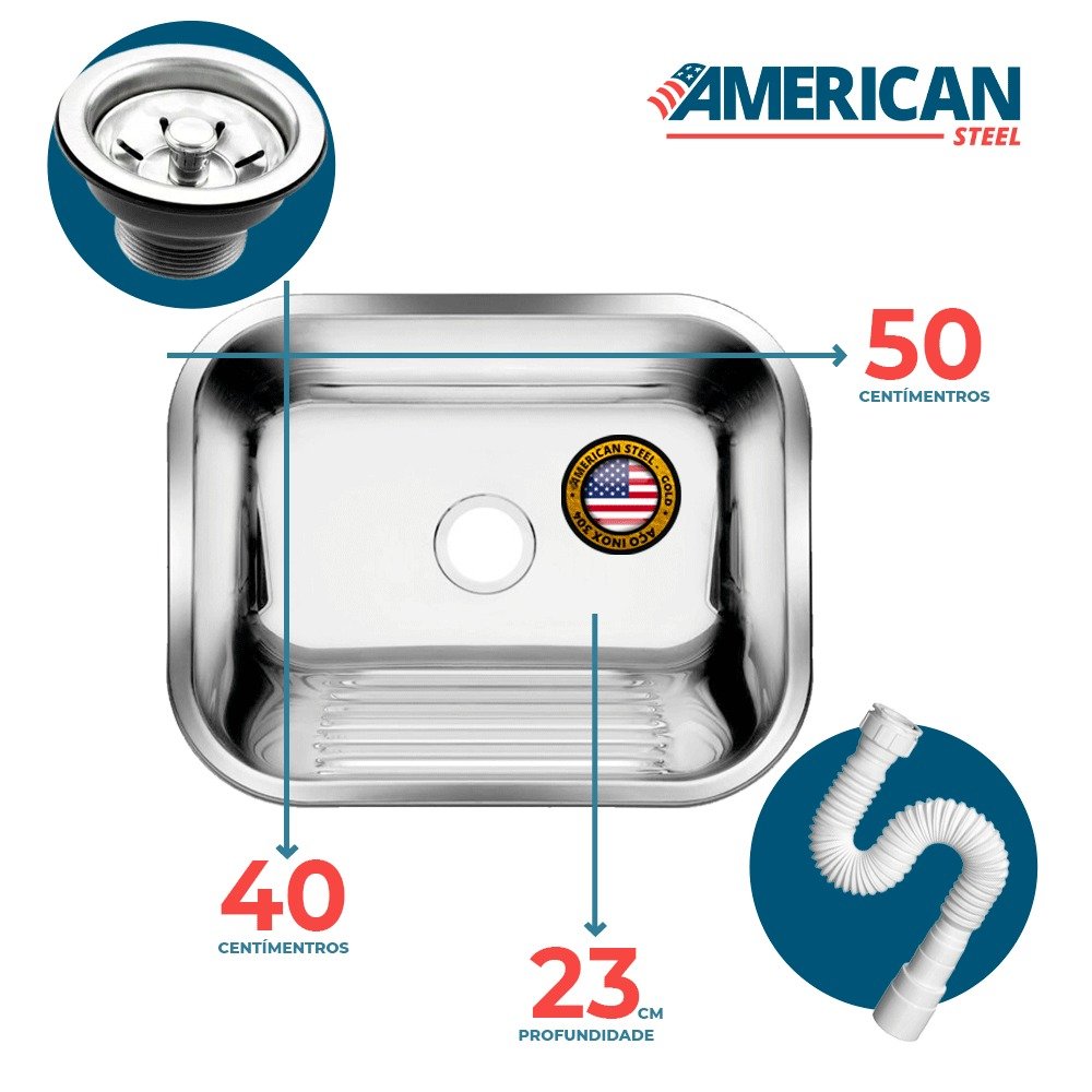 Tanque Inox Monobloco 50X40 Cm Com Sifão inox 304 | MadeiraMadeira