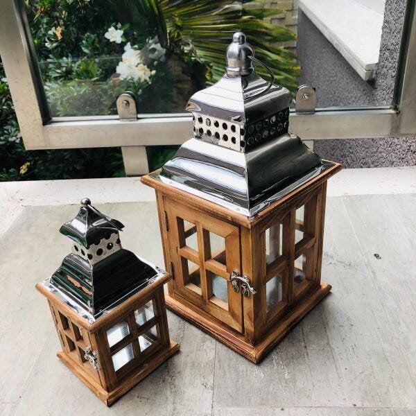 Kit com 2 Lanternas Marroquinas Madeira Pequenas 33/25cm Alt ...