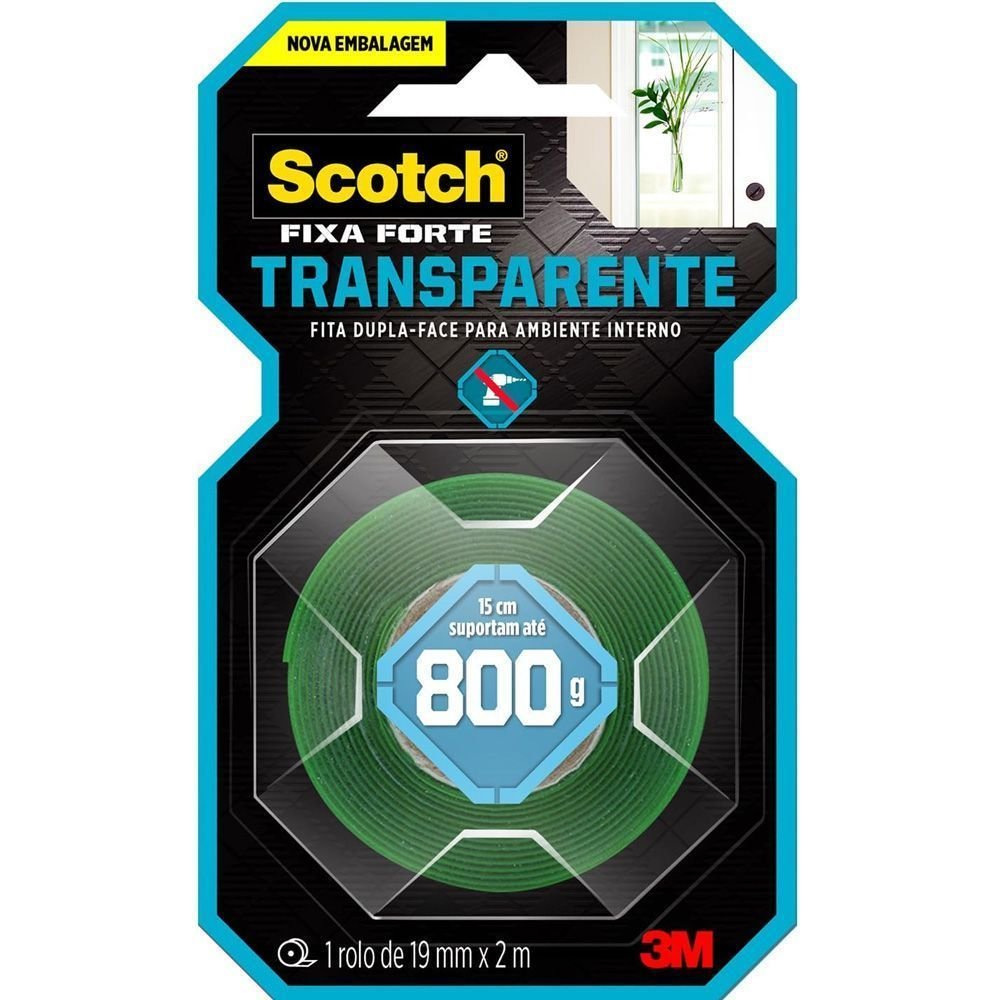 Fita Dupla Face Transparente 3m Scotch Fixa Forte 19mm X 2m Uso Interno ...