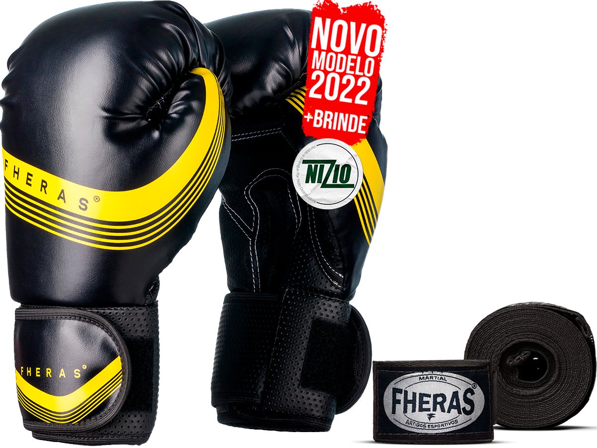 Kit Luva de Boxe Muay Thai MMA Bandagem Line Amarela 08oz | MadeiraMadeira