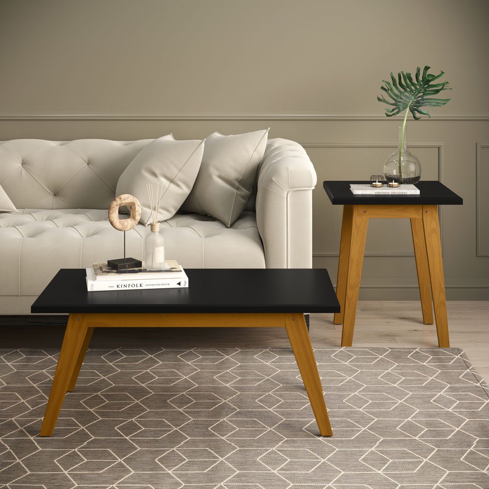 Conjunto De Mesas Retangular Centro Lateral Moderna Sala Prism:Preto ...