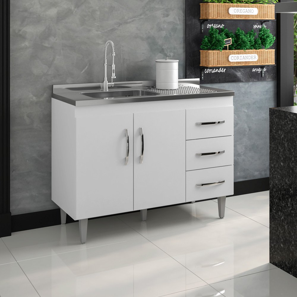 Balcão de Pia Cozinha 2 Portas Isabel 120 cm Branco 374 Sem Tampo AJL Móveis | MadeiraMadeira