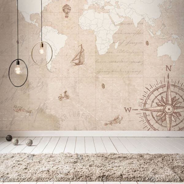 Mural Mapa Mundi Vintage - 3,48 x 3,00m | MadeiraMadeira