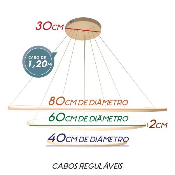 Lustre Pendente Led 100w 3 Aros Aneis Ring 80cm Branco St806 ...
