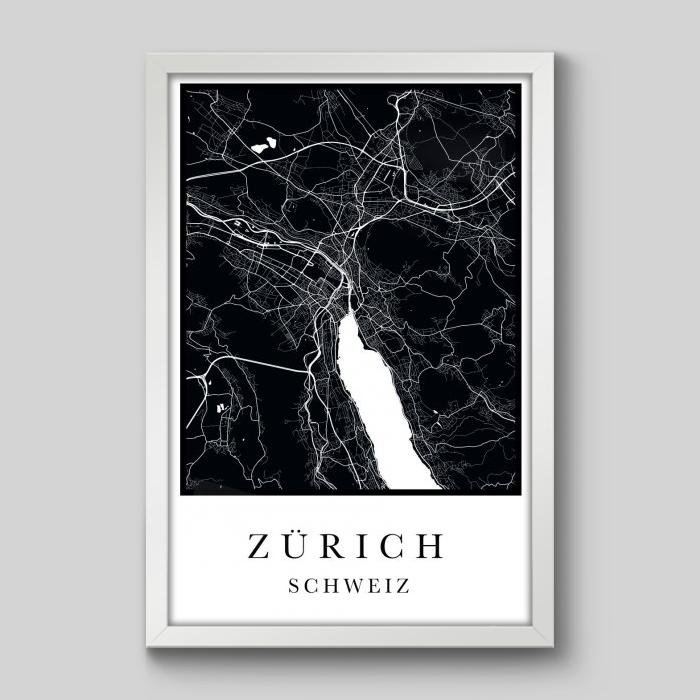 Quadro Mapa Zurich - 90x60cm - Moldura Caixa Branco | MadeiraMadeira