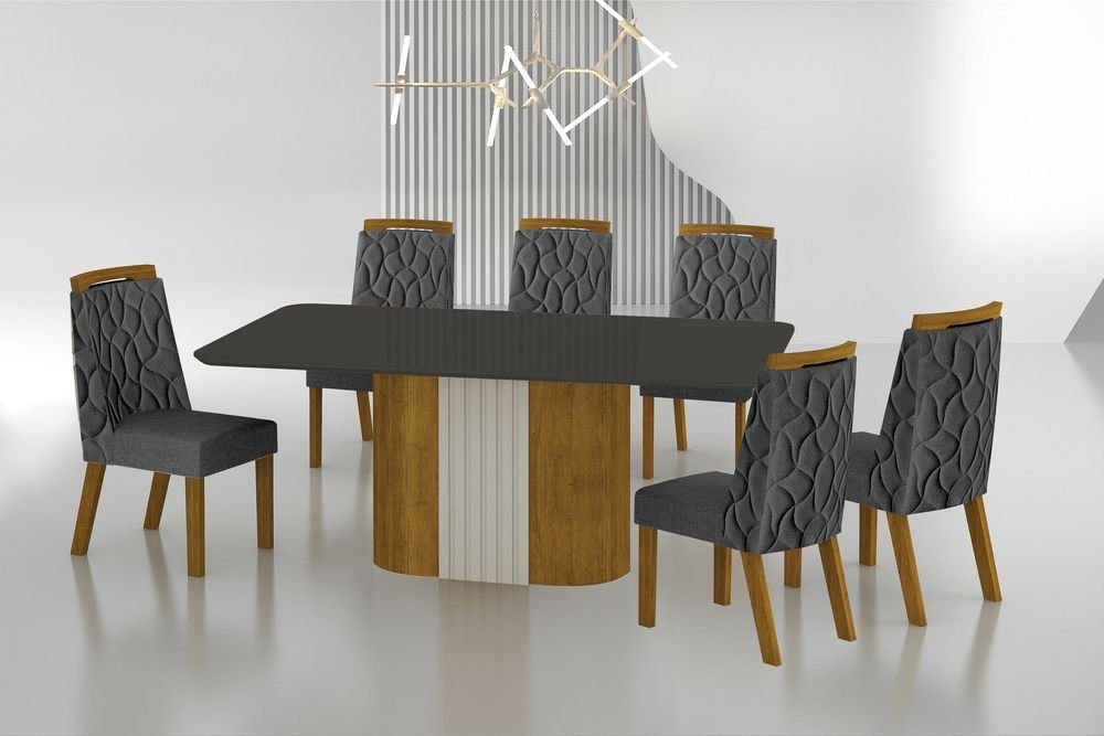 Conjunto Sala de Jantar Mesa com Vidro 180cm com 6 Cadeiras Pé Madeira ...