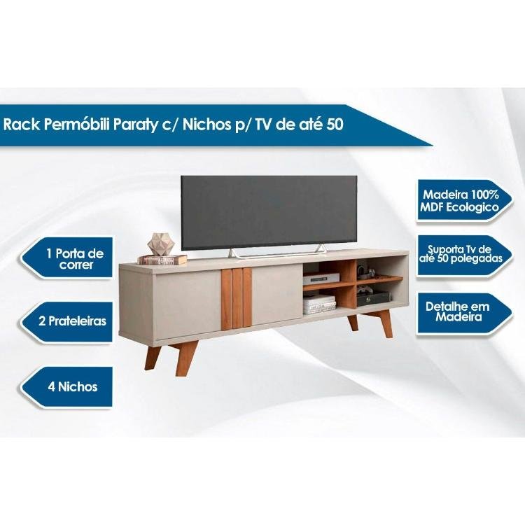 Rack para TV Paraty até 50 Polegadas c/ 1 Porta de Correr e 4 Nichos ...
