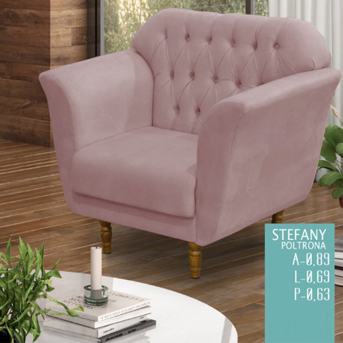 Poltrona Capitonê Belle Com Pés de Madeira - Móveis Roperi - Suede Rosê | MadeiraMadeira
