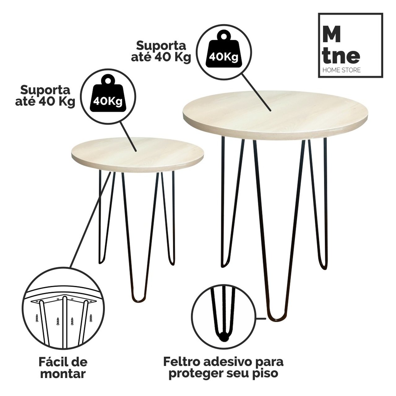 Conjunto de Mesinhas de Apoio Redondas com Hairpin Legs e Tampo 100% ...