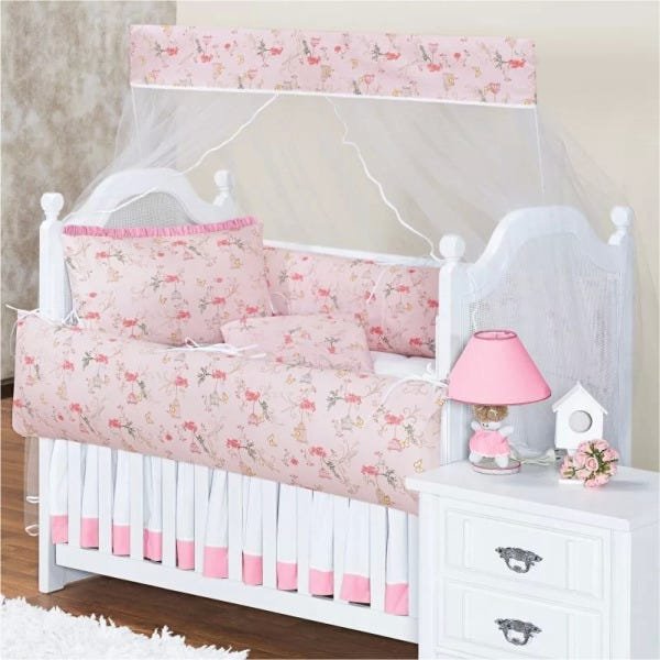 Kit Berço Lorena 100% Algodão 08 Peças - Rosa | MadeiraMadeira
