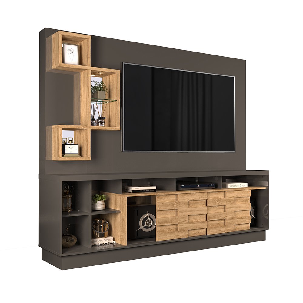 Estante para Sala Home Theater Bravo c/ Nichos TV 65 Polegadas Titânio/ Carvalho | MadeiraMadeira