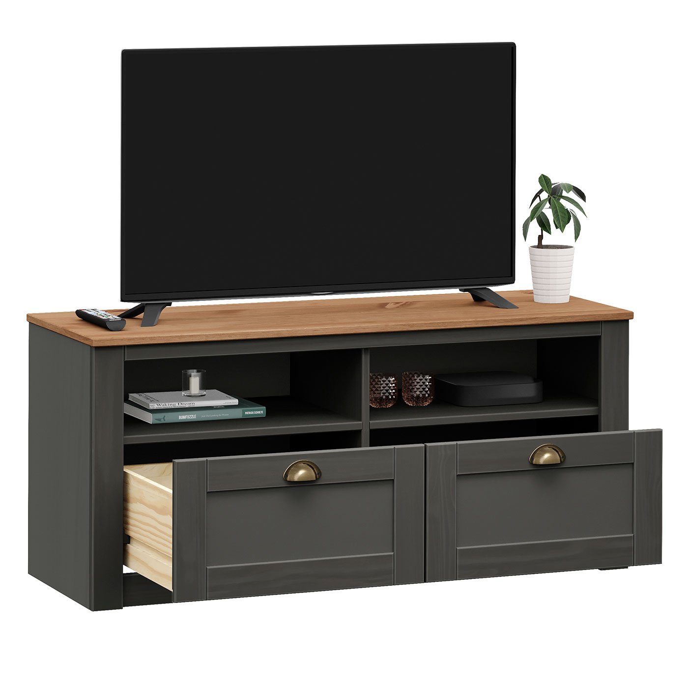 Rack TV Bancada 43 Polegadas Madeira Maciça 2 Gavetas 2 Nichos Bolton ...