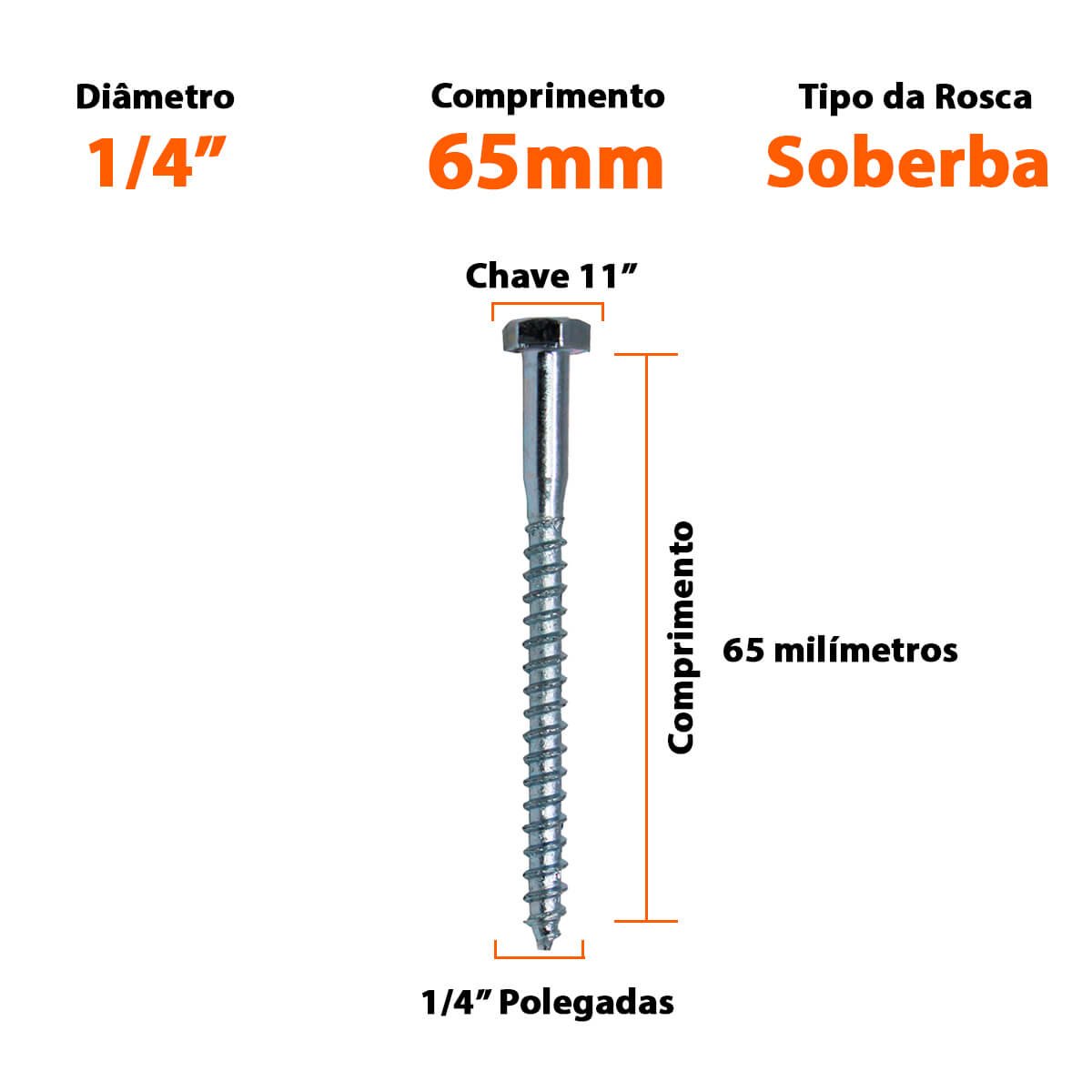 Parafuso Sextavado 1/4 x 65 RP Soberba Zincada 100 Unidades Diversas ...
