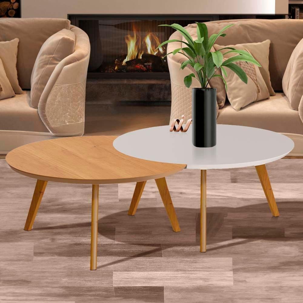 Conjunto de 2 Mesas de Centro com Pés em Madeira Maciça Off White ...