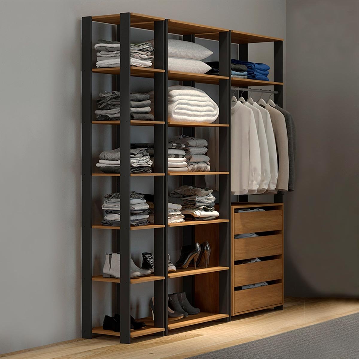 Guarda Roupa Closet Estilo Industrial 3 Peças 4 Gavetas Carvalho Cinza ...