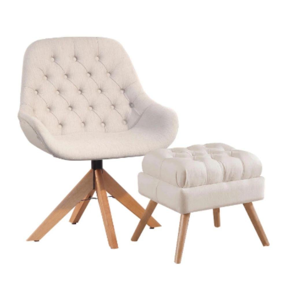 Conjunto Poltrona Pandora e Puff Gales Linho Cru Prime Base Madeira ...
